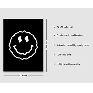 PRINT UP Smiley Poster Wave Face, Trippy Room Decor, Cool Modern Funny Posters for College Dorm, Grunge Black Poster 12x16 (UNFRAMED)