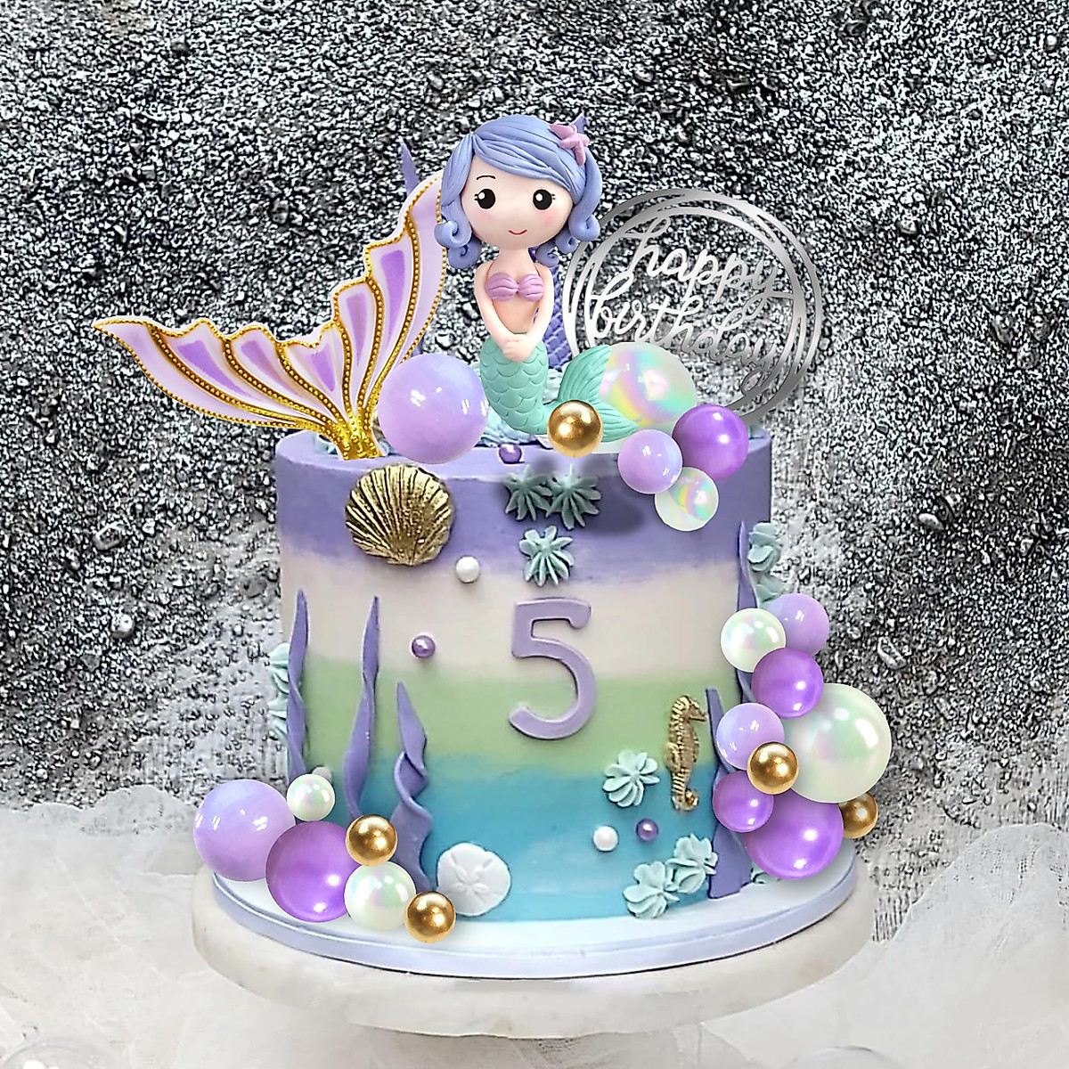 Mermaid Cake Toppers Under the Sea Mermaid Tail Cake Decorations Gold Purple Pearl Ball for Girl Kid Birthday Party Mermaid Theme Party Baby Shower Supplies (Style 2)