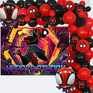 Miles Birthday Party Decorations,85Pcs Spider Miles Morales Party Balloon Garland with Happy Birthday Backdrop and Foil Balloons for Boys, Girls Spider Themer Party Supplies