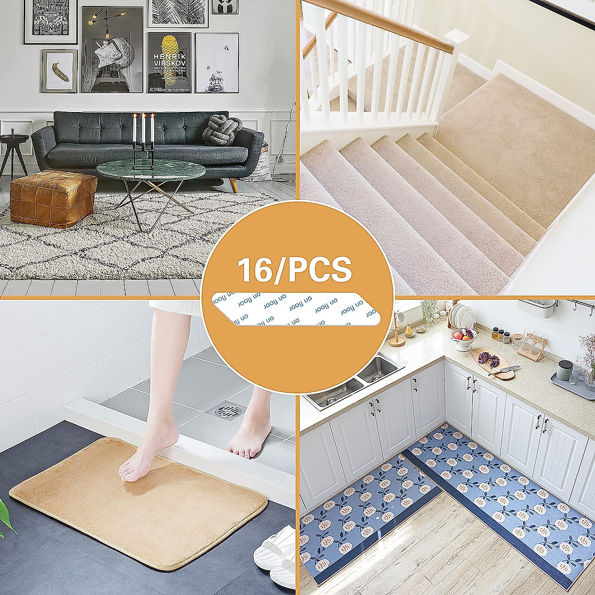 Sollifa Rug Tape,16 Pcs Dual Sided Washable Removable Rug Stopper Grip Your Area Rug, Non Slip Adhesive Prevent Curl for Hardwood Floors Grip Carpet Corners (Pearl White)