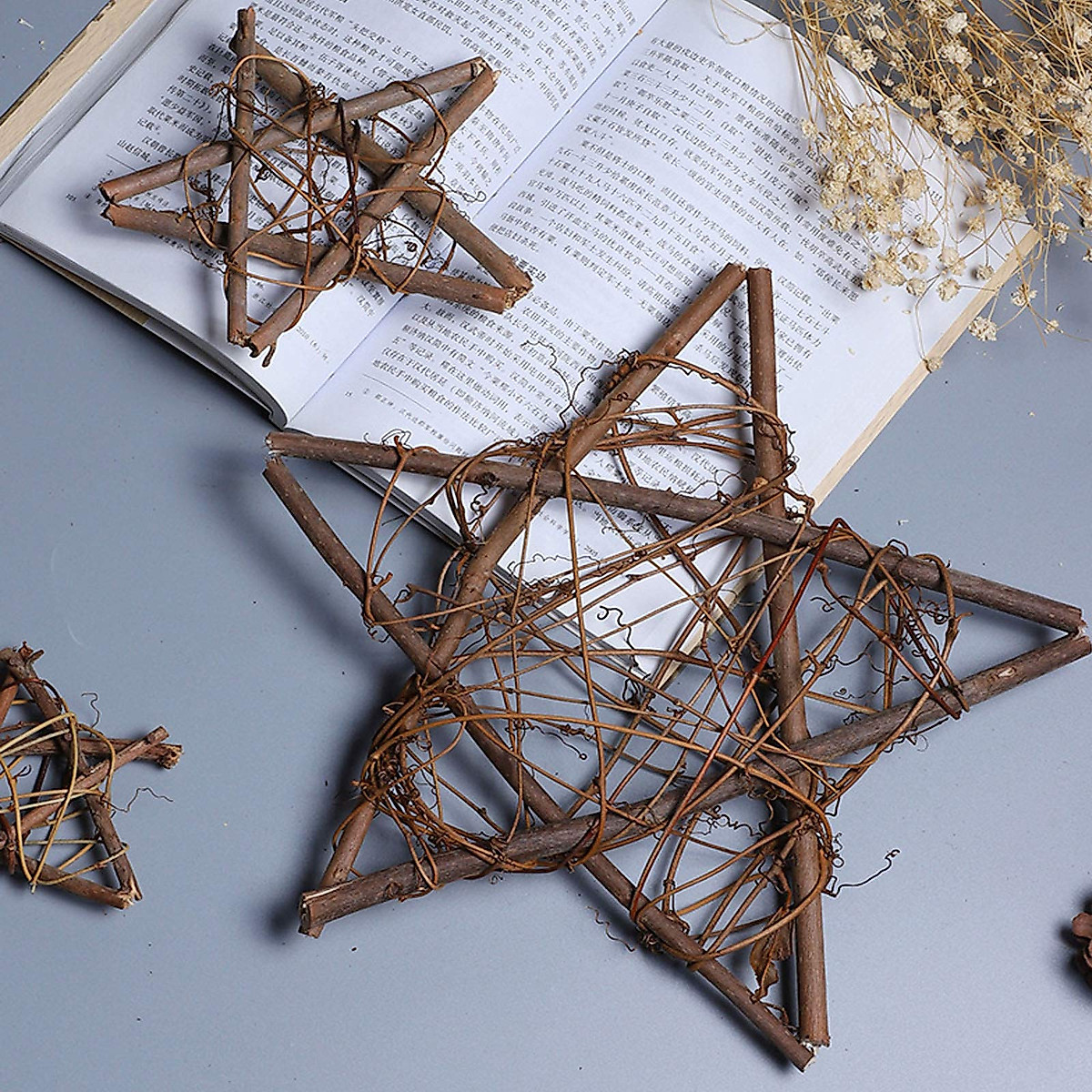 Natural Brown Vine Stars Wicker Rattan Star for Home Garden Wreath Christmas Garland Tree Decoration (3Pcs, 8inch)