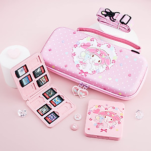 FUNDIARY Cute Carrying Case for Nintendo Switch and Switch OLED, Hard Portable Travel Case for Switch and Switch OLED, Case Accessories Bundle with Game Case and 2 Thumb Caps - Anime Bunny
