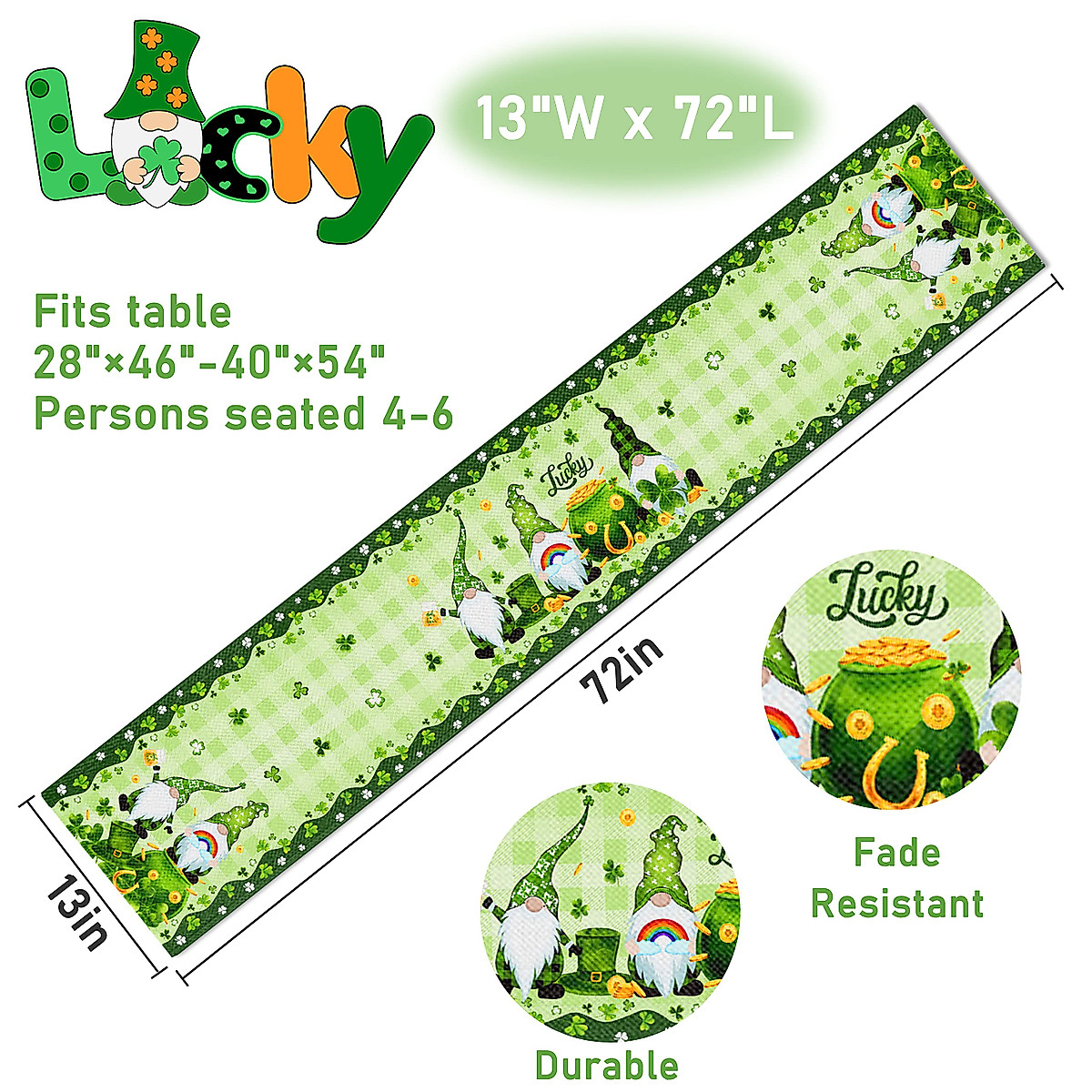 Flyart St Patricks Day Table Runner, Gnomes Spring Green Shamrock Decorations for St. Patrick's Day Party Holiday, St Patricks Day Decorations for Kitchen Dining Table Decor Home Decorr (13x72 inch)