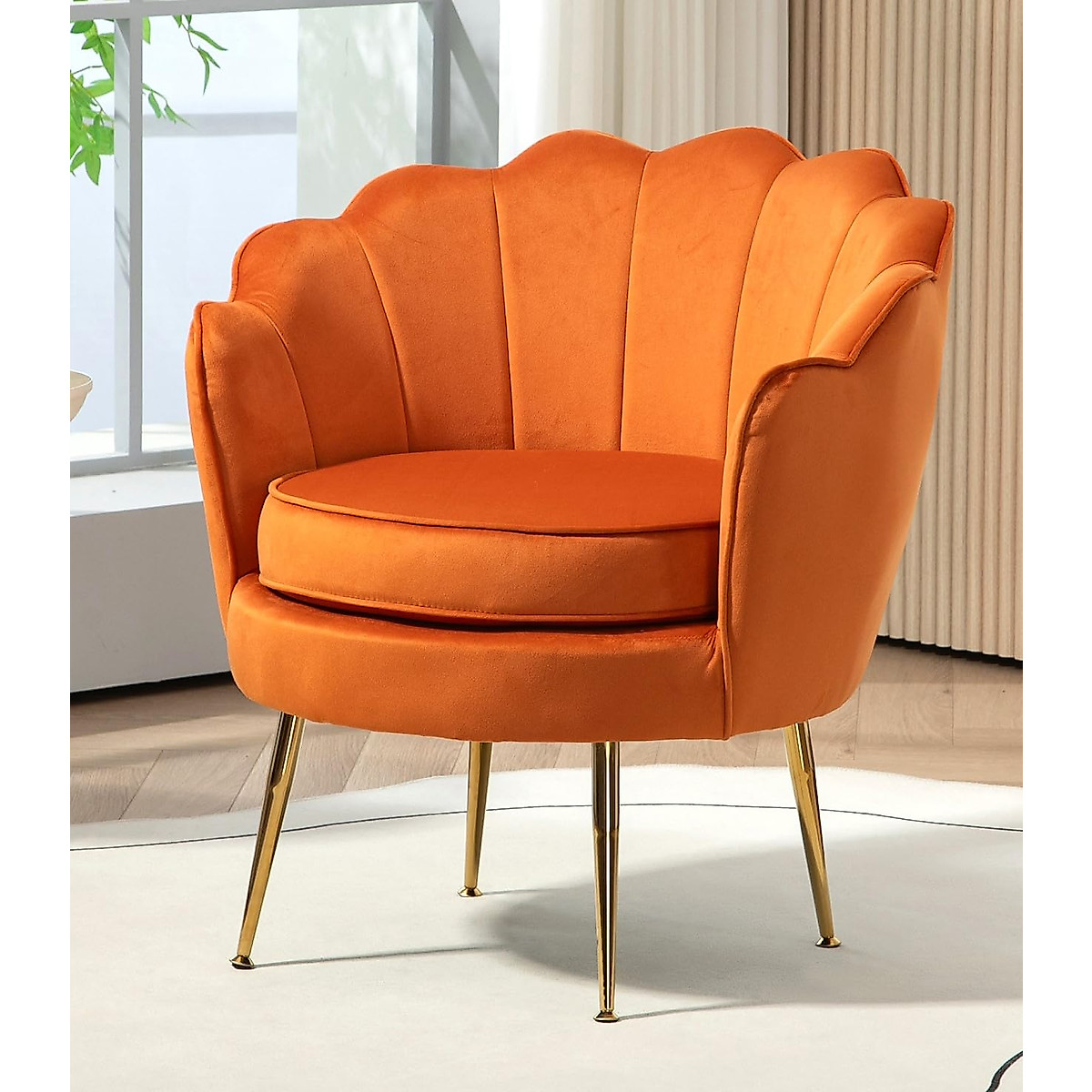 US Pride Furniture Velvet Barrel Chair, Stylish Accent with Scalloped Backrest and Gold Metal Legs, Suitable for Traditional, Modern, and Contemporary Living Rooms, Orange