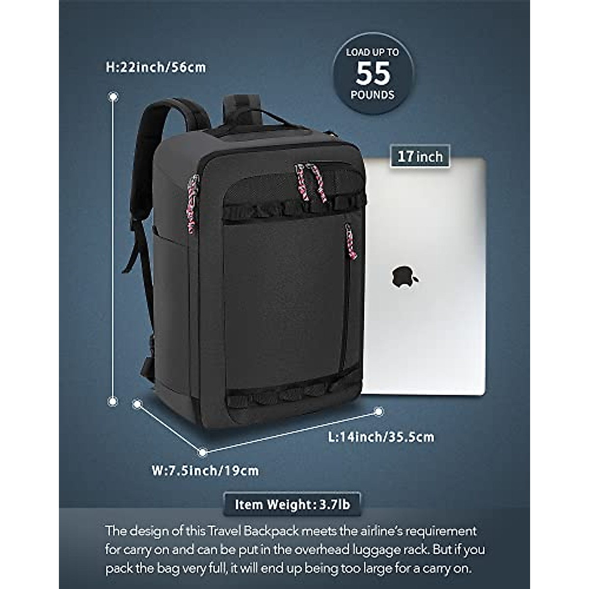TRAILKICKER 48L Travel Backpack Flight Approved Carry On Backpack Weekender Bag for Men & Women Business Executive Black