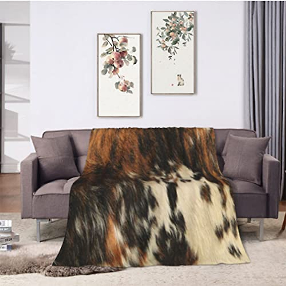 Cow Skin Print Cowhide Throw Blanket All Season Brown Black Flannal Plush Warm Animal Skin Blankets Lightweight Soft Fuzzy Throws Blanket for Bed Sofa Couch Travel 80"x60"