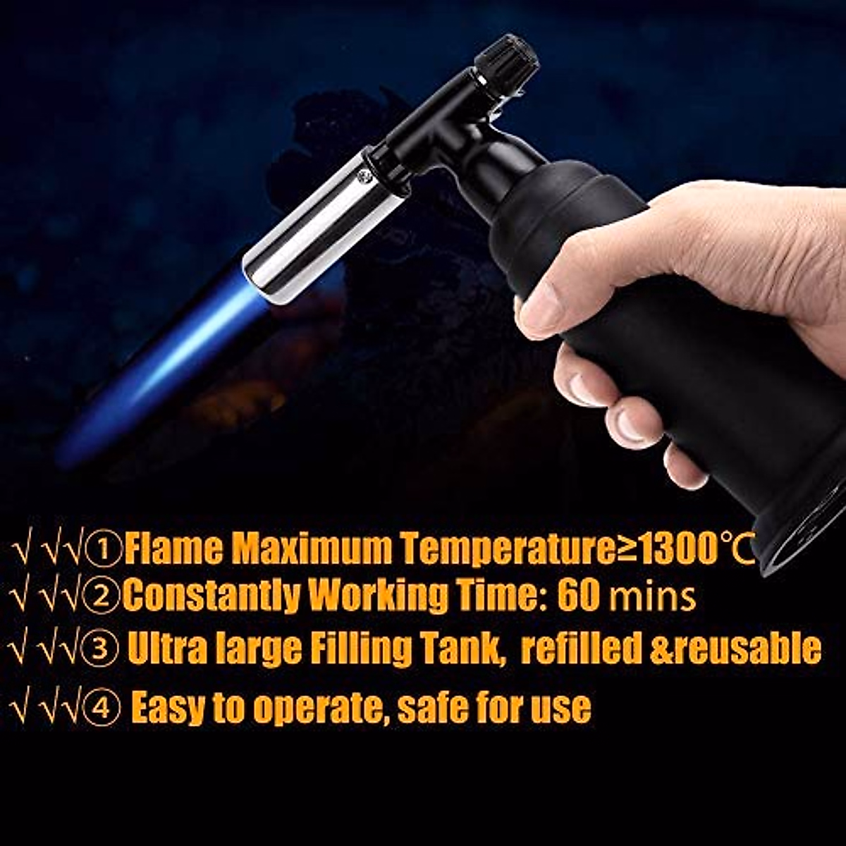 ofone Butane Torch, Refillable Kitchen Blow Torch Lighter, Cooking Culinary Torch with Safety Lock & Adjustable Flame for BBQ, Baking, Creme Brulee, Soldering, Camping