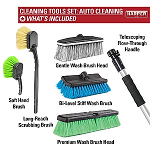 Harper 37518600 6-Piece Car Wash Brush Set with Telescoping Flow-Through Handle, (3) Brush Heads, (1) Soft Hand Brush and (1) Stiff Hand Brush