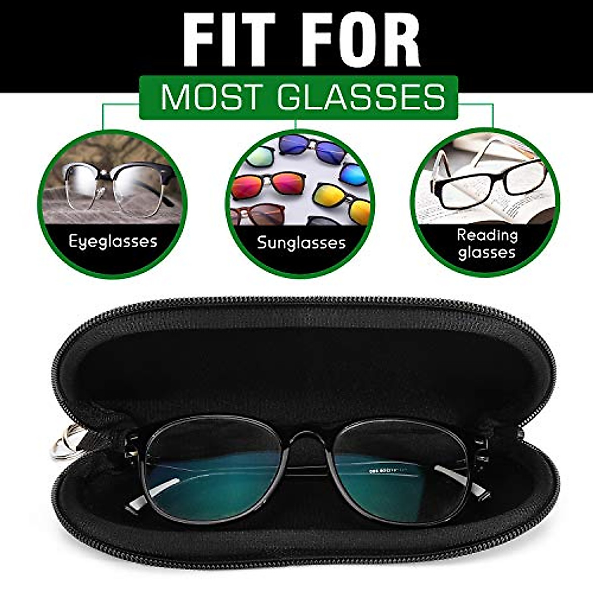 MoKo Eyeglasses Case, (2 Pack) Soft Zippered Neoprene Sunglasses Pouch Protective Eyewear Case Bag with Clip for Men and Women, Black and Leopard