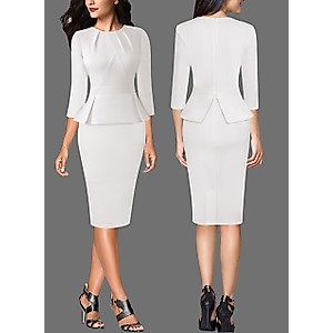 VFSHOW Womens Off-White Ivory Spring Fall Pleated Crew Neck Peplum Work Business Office Bodycon Pencil Sheath Dress 3587 WHT M