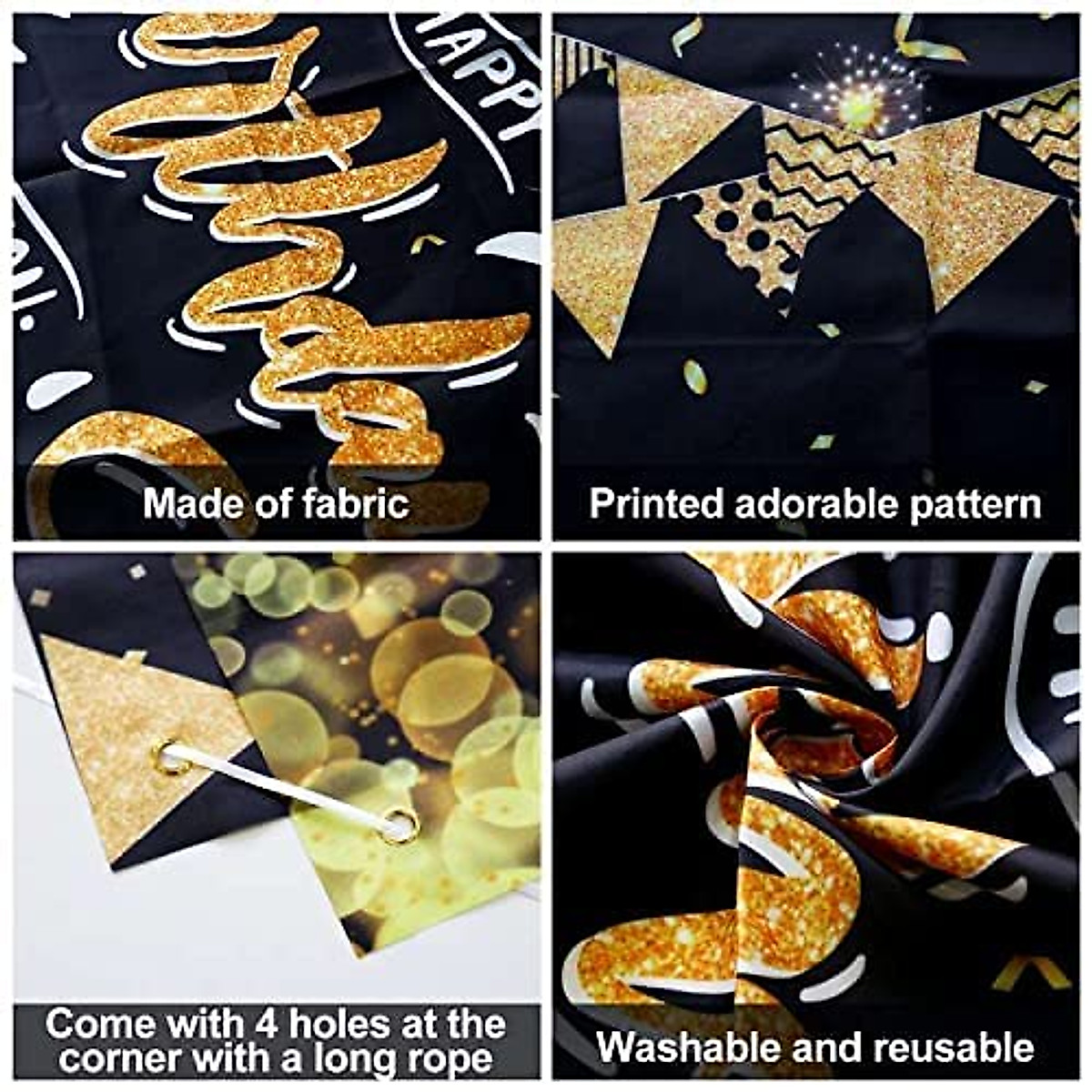 Black Gold Happy Birthday Door Banner,Birthday Door Cover Decoration Supplies Happy Birthday Backdrop Photography Background Sign for Women and Girls Birthday Party Home Outdoor Decor