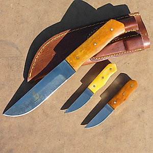 8" Bone Collector Bovine Yellow Bone 3 PCS Hunting Knife with Leather Sheath (Yellow Bone)