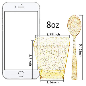 WDF 8oz Gold Glitter Medium Large Plastic Dessert Cups With Spoons-51 Disposable Square Plastic Cups & 51 Gold Glitter Tasting Spoons
