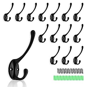 Potaosey 15PC Black Coat Hooks, Black Hooks for Mudroom,Double Prongs Coat Hooks,Retro Hooks Wall Mounted,Towel Hooks,Robe Hooks