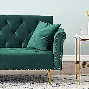PBOGHLRD Convertible Velvet Loveseat Sofa, Upholstered Nail Head Futon Sofa Bed with Two Pillows, Modern Sleeper Couch Bed for Living Room, Bedroom, Home Office (Green)