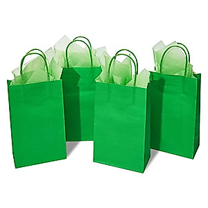 DjinnGlory 24 Pack Small Green Paper Gift Bags with Handles and 24 Tissue Paper for Christmas Holiday Birthday Wedding Baby Shower Party Favors Goodies, 9x5.5x3.15 Inch (Green)