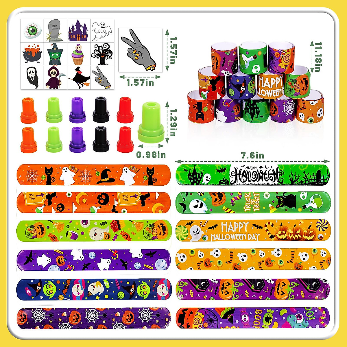 Garma Halloween Party Favors Toys for Kids, 25 Pcs Halloween Assorted Stamps with 12 Pcs Slap Bracelets and 288 Tattoos Halloween Goody Bag Fillers for Classroom Reward Prize Non Candy Party Supplies