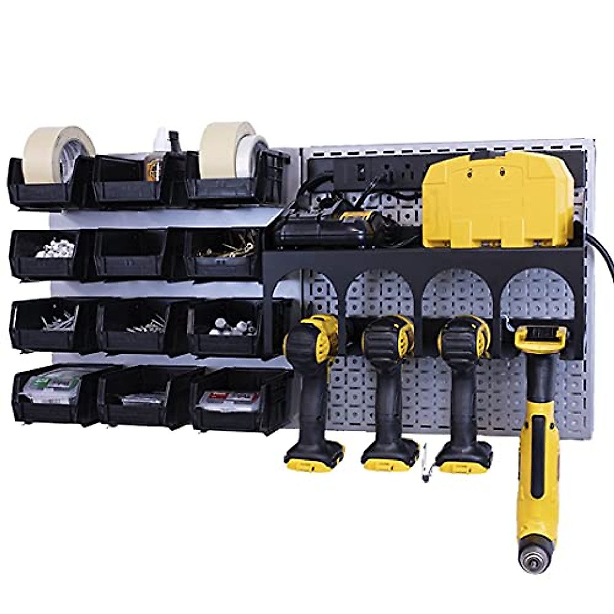 OmniWall PowerStation- 32"x16" Metal Pegboard Wall Storage With Bin Storage For Cordless Drills Silver/Black