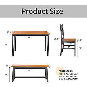 Alohappy Dining Table Set for 4, Solid Wood Kitchen Table with 2 Chairs and Bench, 4-Person Space-Saving Dinette Table for Kitchen, Dining Room, Sturdy Structure Easy Assembly