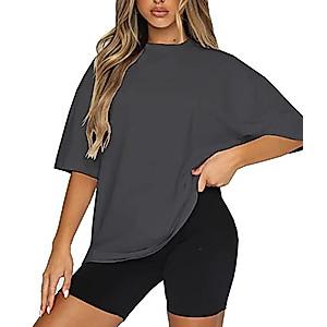 Bnycuml Women's Oversized T Shirts Half Sleeve Crewneck Loose Fit Drop Shoulder Casual Cotton Tunic Tees Top (Dark Grey,X-Large)