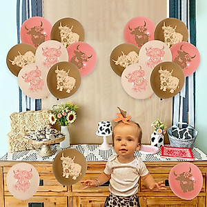 JOYMEMO 45 Pieces 12 Inches Highland Cow Party Latex Balloons Boho - Pink Highland Cow Baby Shower Decorations, Highland Cattle Birthday Supplies for Pregnancy Celebration Newborn Party