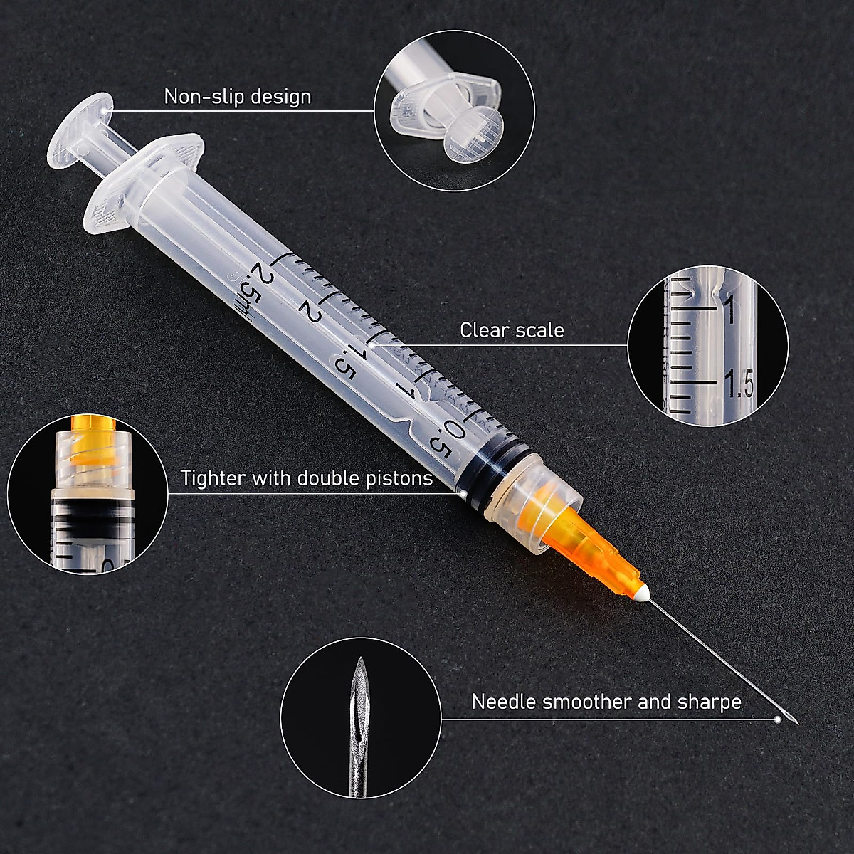2ml Luer Lock Syringe With 25 Gauge 1 Inch Needle,Disposable Individual Package,Pack of 20