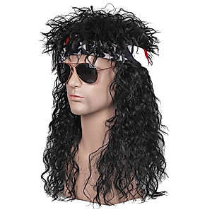 80s Wig with Bandana for Men Long Curly Black Rocker cosplay wig for Halloween