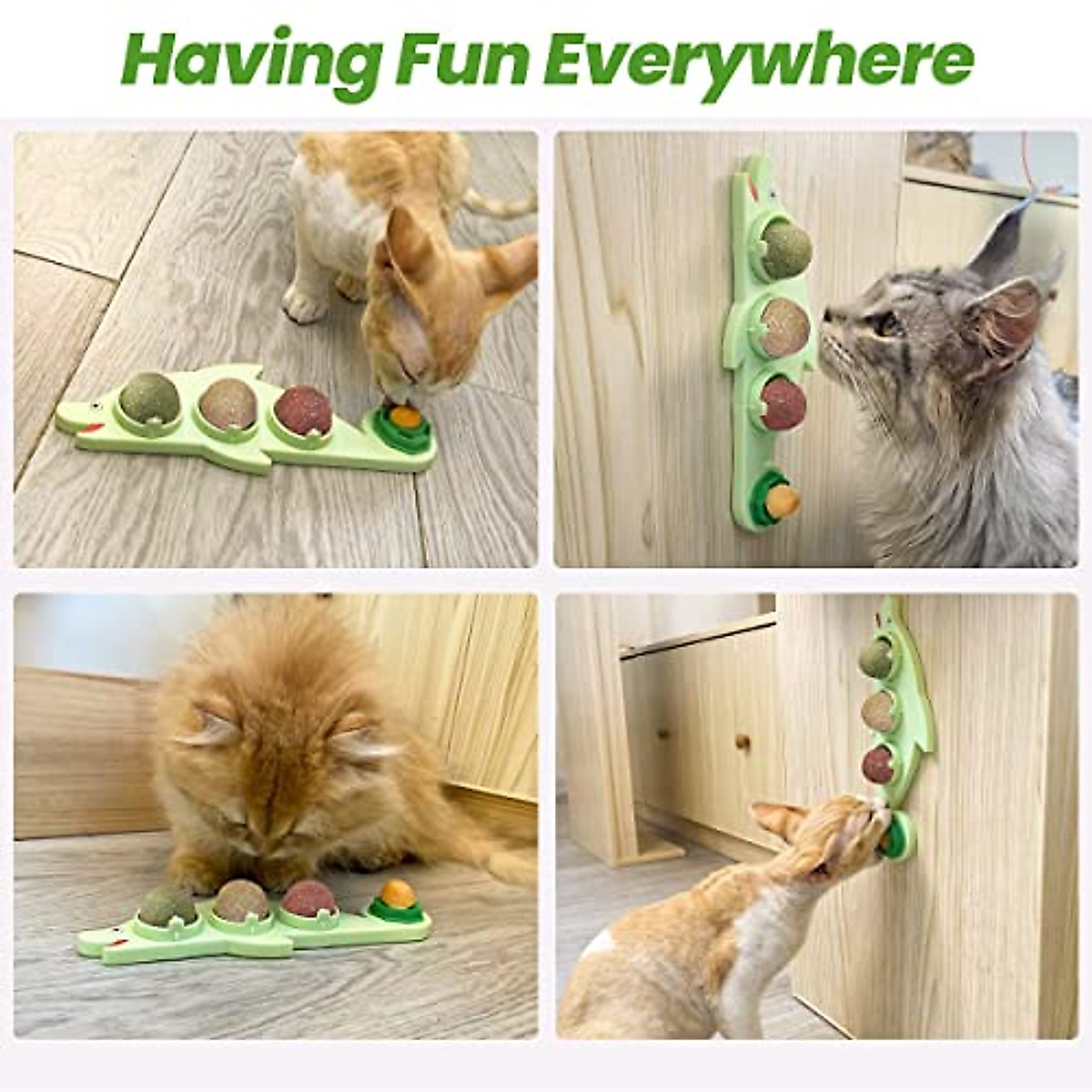 Petslucent Cat Catnip Wall Ball Toys 4in1 Cats Nip Toy Organic Silvervine Lick Roller Crack Treats Mint Licker Edible Spinner Rolling Magic Balls Rotatable Rollerball for Cat Indoor