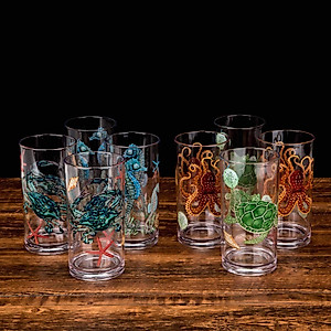 KX-WARE Sea Ocean Life 20-ounce Plastic Tumbler Drinking Glasses Mixed Drinkware Sets, set of 4