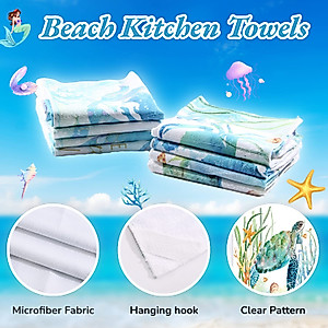 ARTHMOM 4 Pcs Summer Kitchen Towels Decorative Dish Towels, Beach Themed Hand Towels Ocean Tea Towels Set with Hanging Loop for Kitchen Decor (Mermaid)