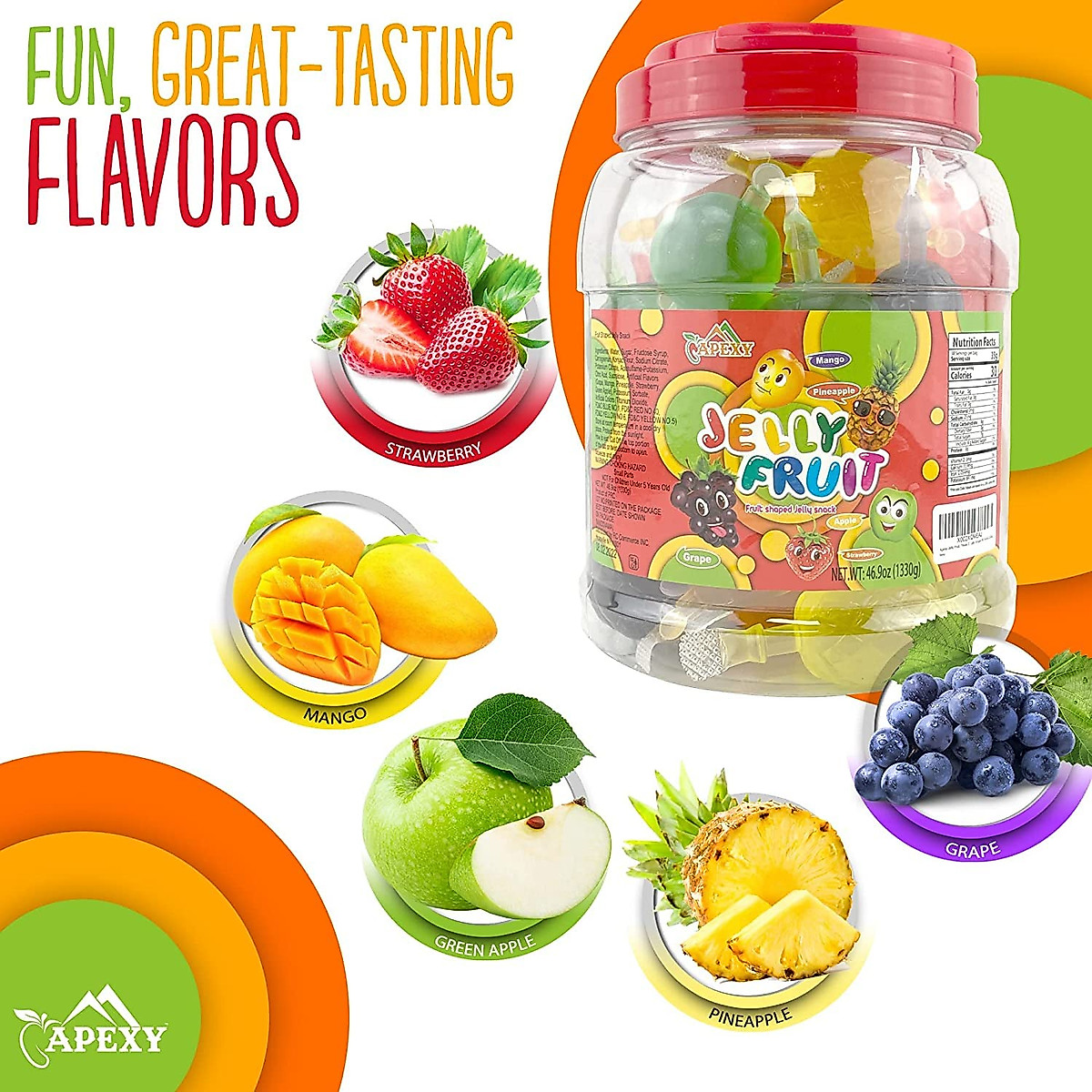Apexy Jelly Fruit, Tiktok Candy Trend Items, Tik Tok Hit or Miss Challenge, Assorted Fruit Shaped Jelly, Strawberry, Mango, Apple, Pineapple, Grape. 46.9oz (1330g)