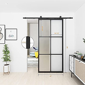 BARNSMITH 42in x 84in Frosted Glass Barn Door with 7FT Top Mounted Hardware kit Soft Close Mechanism DIY 6 Lites Tempered Glass Modern Aluminum Sliding Door Disassembled Easy Installation KDA03