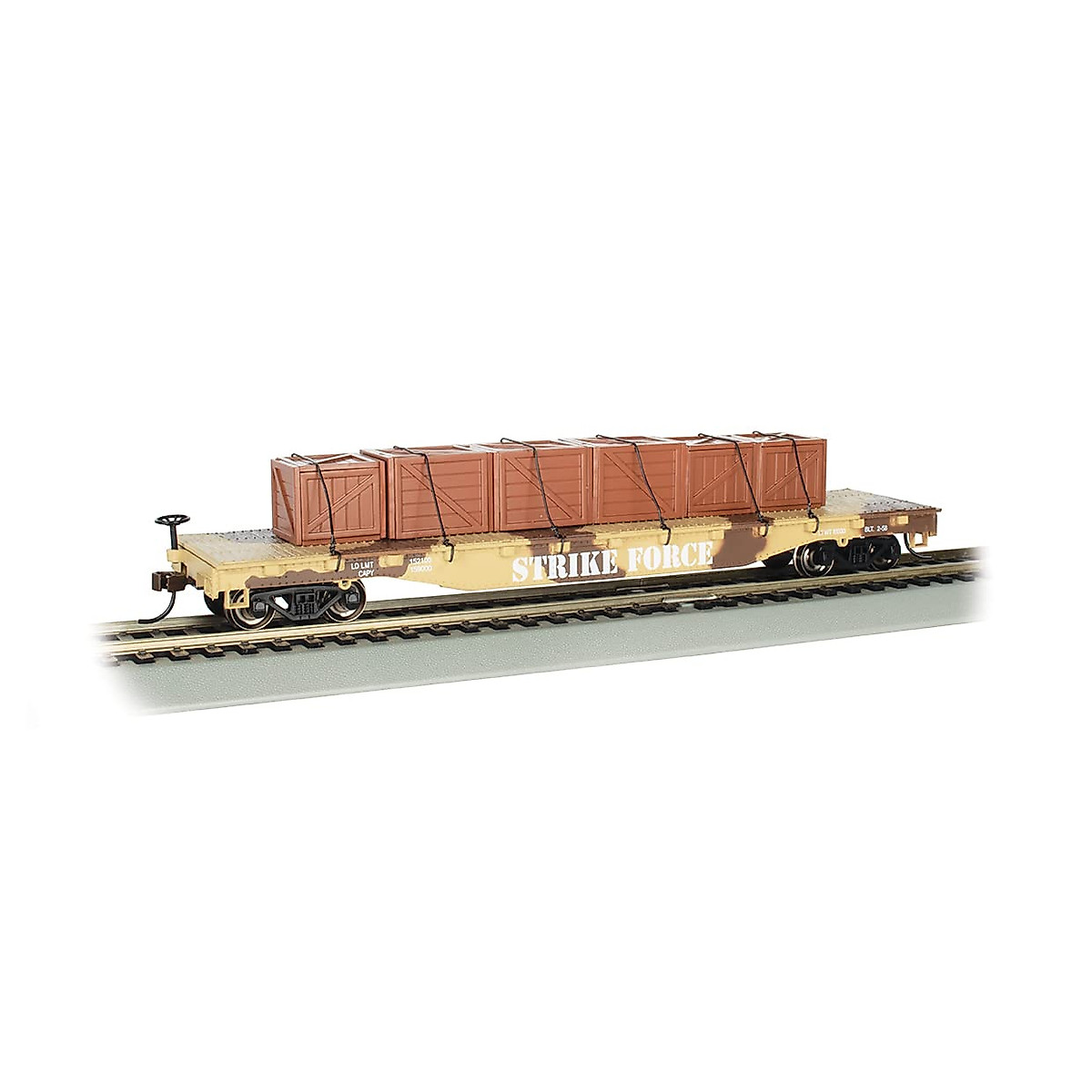 Bachmann Trains - 52’ Center Depressed Flat CAR - Desert Camouflage with CRATES - HO Scale