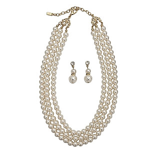 Rosemarie Collections Women's Multi Strand Classic Cream Faux Pearl Necklace and Earrings Jewelry Set, 16"-19" with 3" Extender (Cream/Gold Tone)