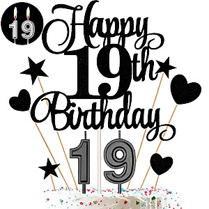 19th Birthday Cake Decorations Set Include 19th Birthday Candles Numeral 19 Cake Candles and Happy 19th Birthday Cake Toppers with Heart Star Cupcake Picks for Birthday Party (Black Series)