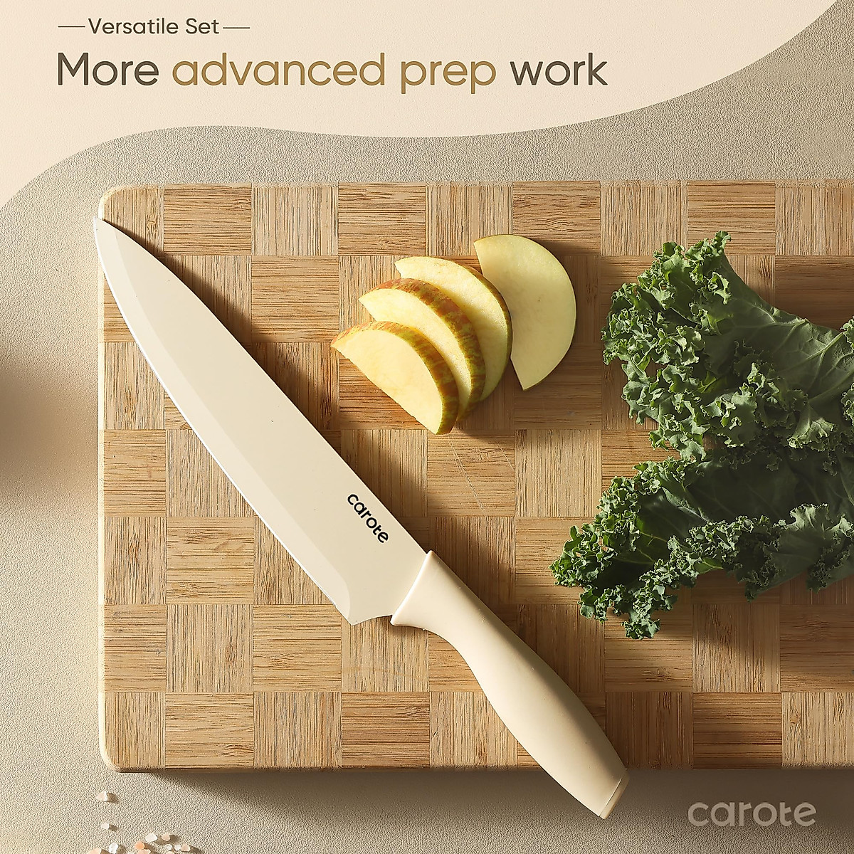 CAROTE 12 Pieces Kitchen Knife Set, Stainless Steel Knife Set With Nonstick Creamic Coating,Dishwasher Safe with 6 Blade Guards, Rustproof, Brown