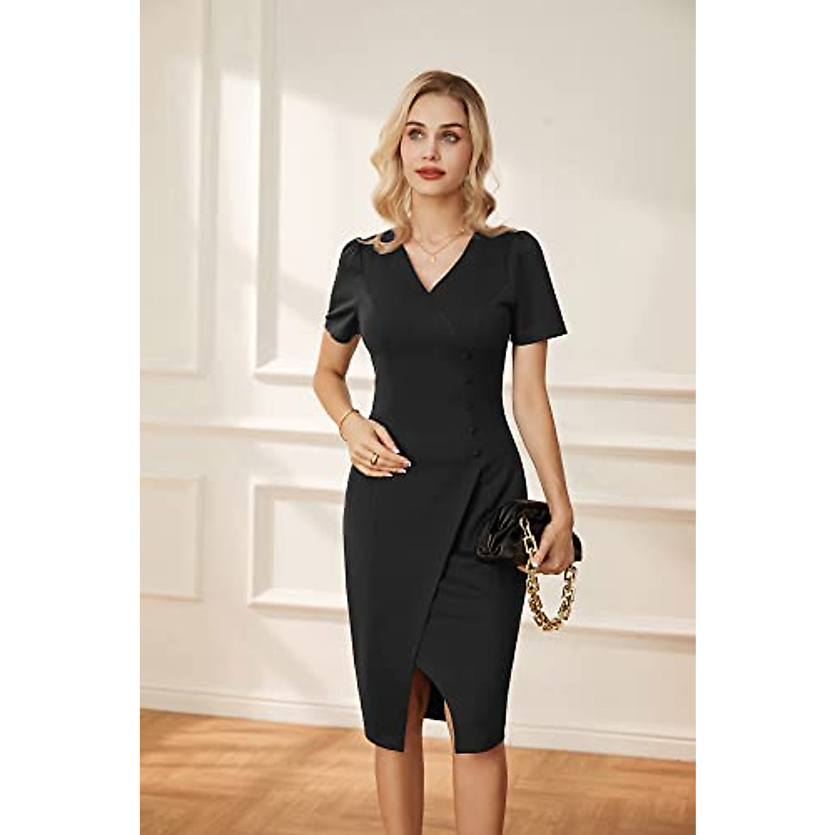 Women Pencil Dress Puff Short Sleeve Wrapped Slit V Neck Evening Night Sexy Dress Black L