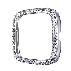 Protector Case Compatible with Fitbit Versa 2 Cover, Bling Double Row Crystal Diamonds PC Plated Bumper Frame Smartwatch Accessories (Clear, Versa 2)