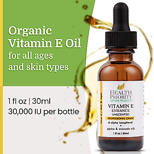 Organic Vitamin E Oil for Skin & Scars |100% Pure Natural Vitamin E Serum Hand Made in South Carolina | 15000 IU Vitamin E for Face & Hair| Non-GMO, Gluten & Cruelty Free, Vegan | Unscented 1 Fl Oz