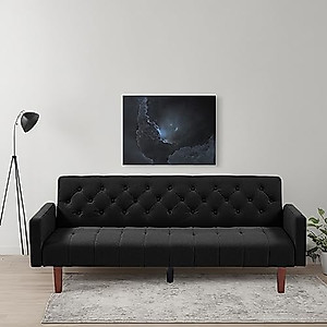 Fangflower Black Tufted Back Sofa Bed Mid-Century Convertible Sleeper Futon with Tapered Wood Legs for Living Room Apartment Lounge