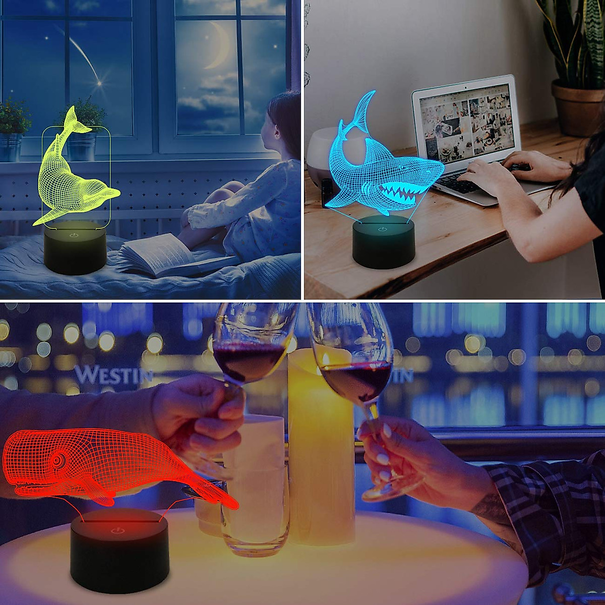FULLOSUN Shark Gifts, 3D Shark Night Light for Kids (4 Patterns) with Remote Control 16 Colors Changing Dimmable Function, Xmas Birthday Gifts for Kids Child (Shark, Whale, Turtle, Dolphin)