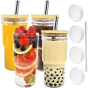 BGHEOUYV Glass Iced Coffee Cups with 8 Bamboo Lids and 4 Straws, 22oz Boba Cup,Glass Tumbler, Juice Bottles for Juicing, Bubble Tea, smoothie,coffee, 4 Pack