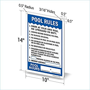 SmartSign 14 x 10 inch “Pool Rules - Swim At Your Own Risk, Shower Before Entering, Emergency Assistance, Pool Hours” Write-On Metal Sign, 40 mil Laminated Rustproof Aluminum, Blue, Black and White