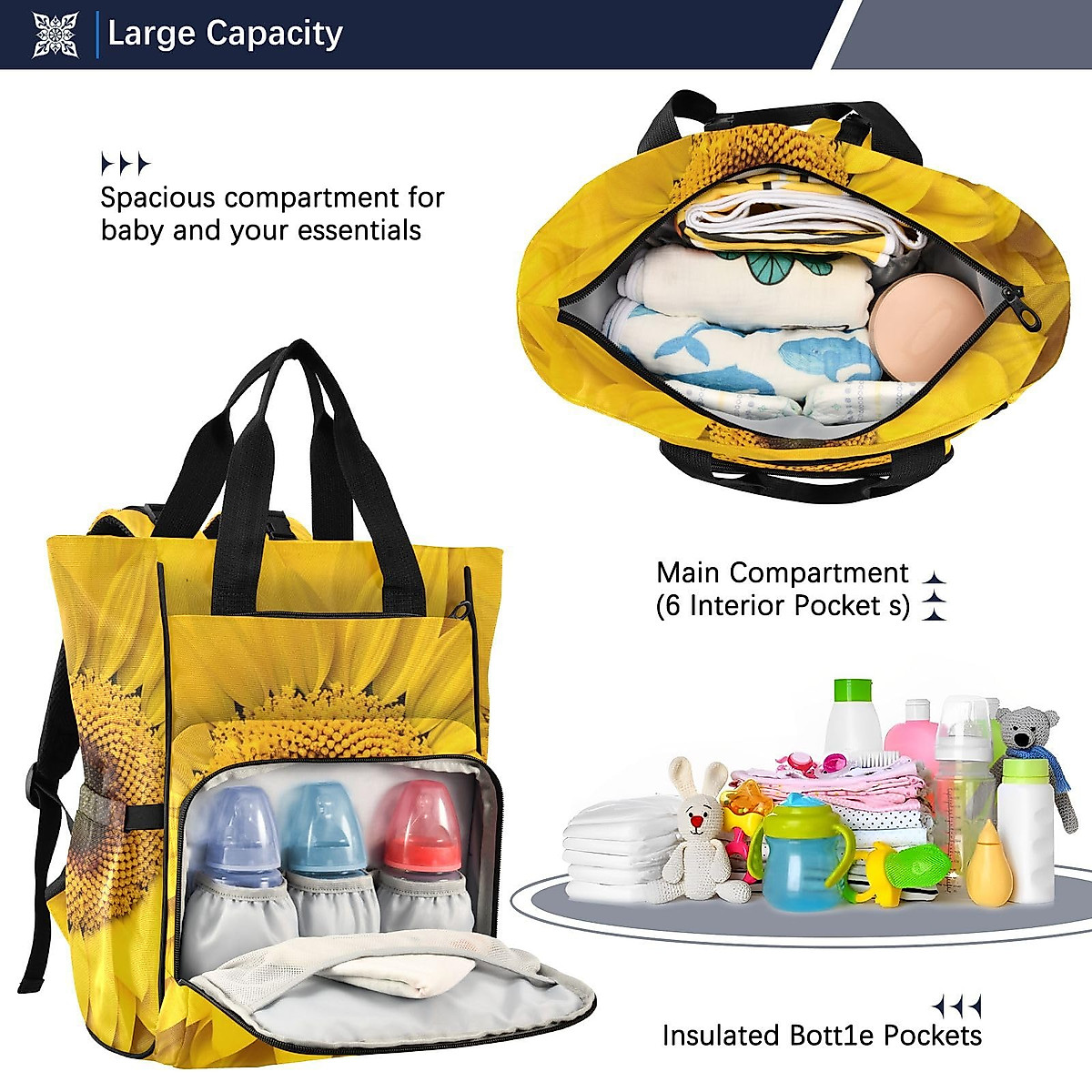 xigua Yellow Sunflower Diaper Bag Backpack Multi Function Baby Changing Bags Waterproof Large Capacity Travel Back Pack for Mom Dad