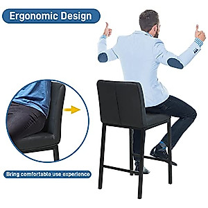 E&D FURNITURE Bar Stools 26 INCH Set of 2 with Back, Metal Legs PU Leather Barstool Mid-Century Modern Upholstered Counter Height Stool for Kitchen Island Counter, Black 2PCS