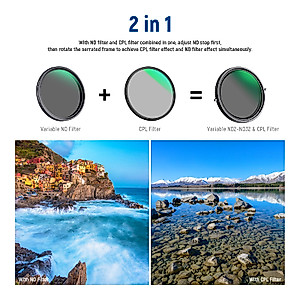 NEEWER 2 in 1 82mm Variable ND Filter ND2–ND32&CPL Filter(Circular Polarizer Filter) No X Cross/30 Layer Nano Coated/HD Optical Glass/Ultra Slim Aluminum Alloy Frame/Water Repellent/Scratch Resistant