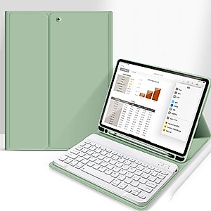 aoub Case for iPad 9th/8th/7th Generation 10.2 inch, Stand Folio Detachable Wireless Bluetooth Keyboard Cover Soft TPU Back Case with Pencil Holder for iPad 10.2 2021/2020/2019, Light Green