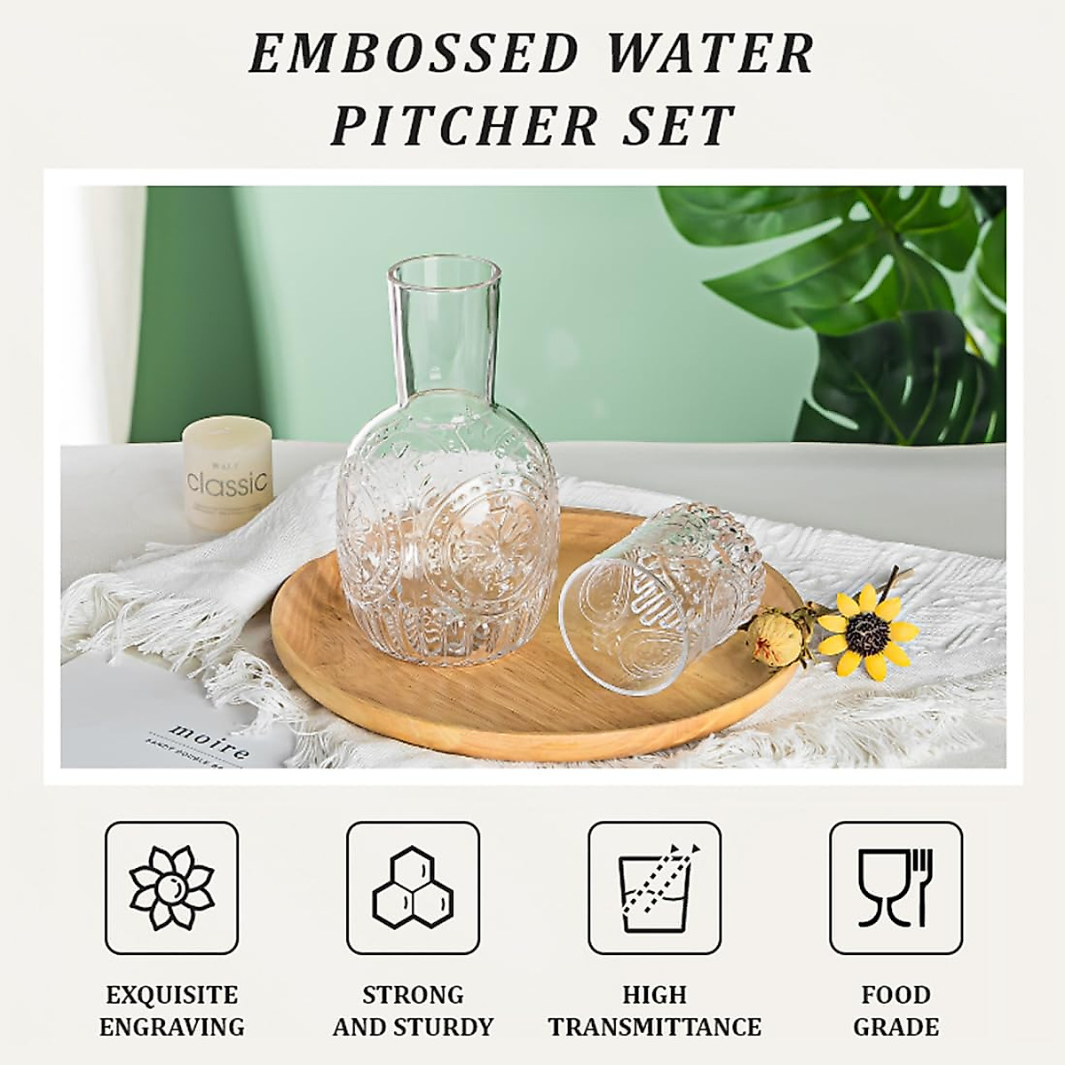 Bedside Carafe with Cup, Bedside Carafe and Glass set for Bedroom Night, Glass Water Carafe, Bedside Water Dispenser (33 OZ)