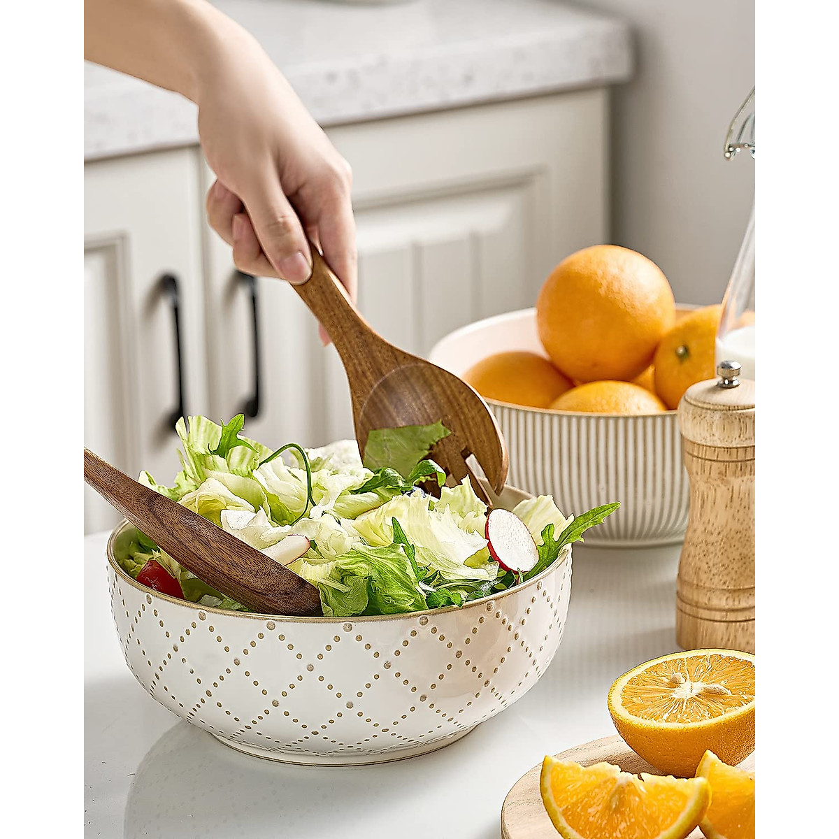 getstar Large Serving Bowls (8 inch & 60 fl oz), Ceramic Salad Bowl Set of 2, Microwave and Dishwasher Safe, Farmhouse Kitchen Decorative Bowls Set (Embossed Checks & Stripes)