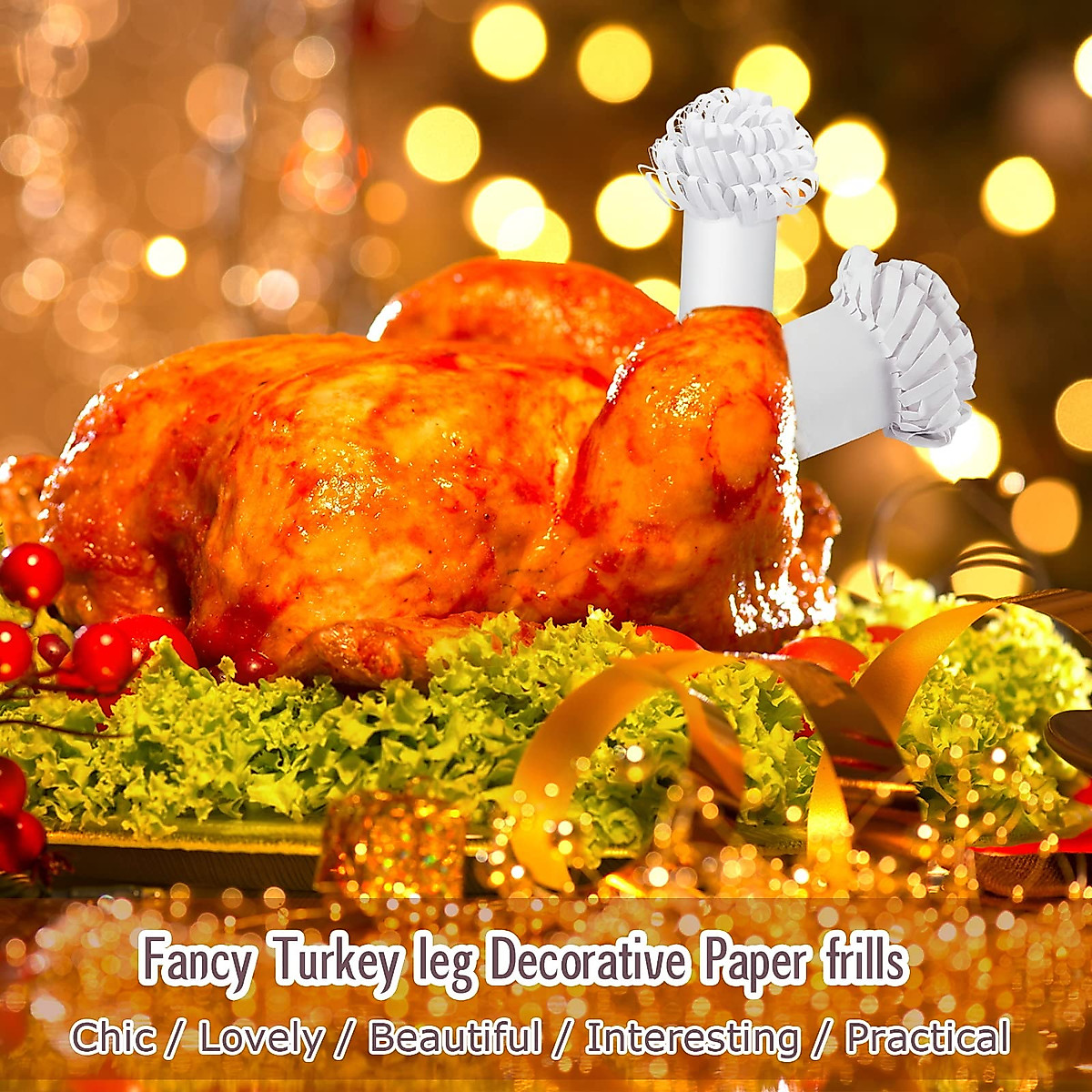 12 Pcs Paper Frills Decorative Holders for Turkey Legs Chops White Paper Pork Lamb Chop Frills Decorative Small Chicken Leg Holders, 2 Sizes